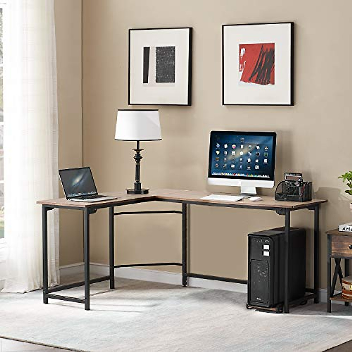 VECELO Computer Desk L Shaped with CPU Stand/PC Laptop Study Writing Table Workstation for Home Office Wood & Metal,Oak,66"