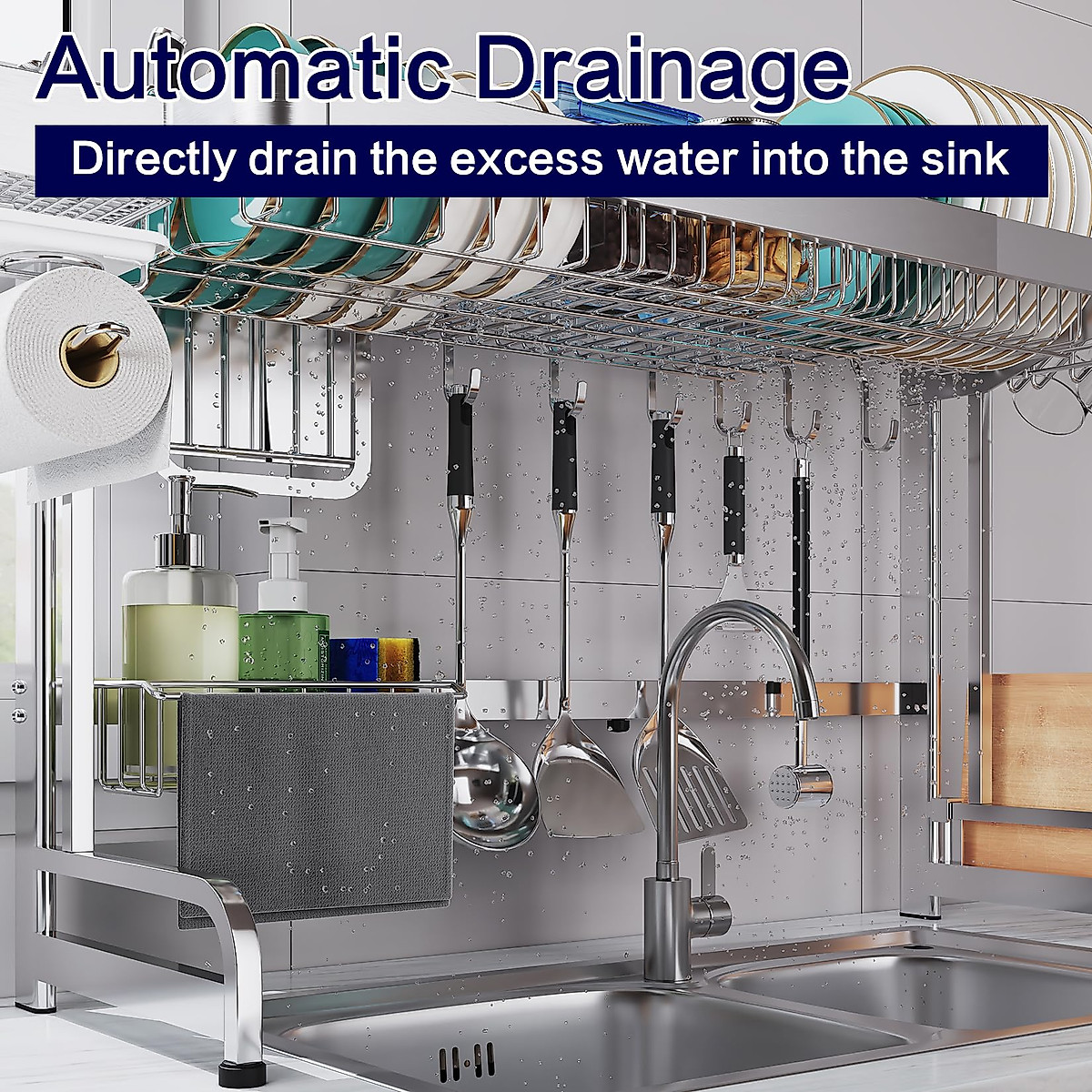 LIVOD Over The Sink Dish Drying Rack, 2 Tier Over Sink Dish Drying Rack Width Adjustable(25.6-37.6in), Durable Stainless Steel Dish Rack Over Sink Organizer, Space Saving Kitchen Sink Drying Rack