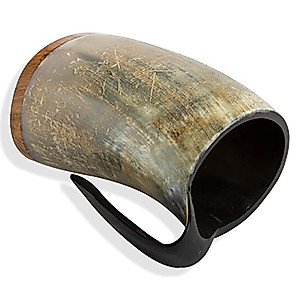 Eleet Original Viking Drinking Horn Mug - 20 Oz Wood Base Extra Large Medieval Inspired Cup Unpolished Natural & Real Horn Tankard (20 Oz Jumbo Unpolished)
