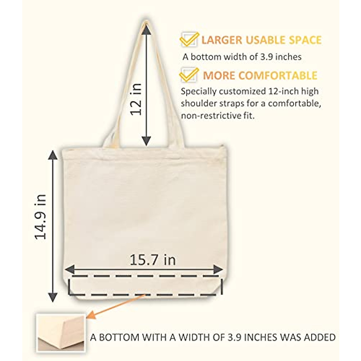 PN.HCNMTFB Canvas Tote Bag, 1 Inner Pockets, with Zipper, Stylish and Durable, Lightweight, Natural Cotton Grocery Shopping Cloth Bag, Perfect for Gifts, Work, School, Travel, Off-White