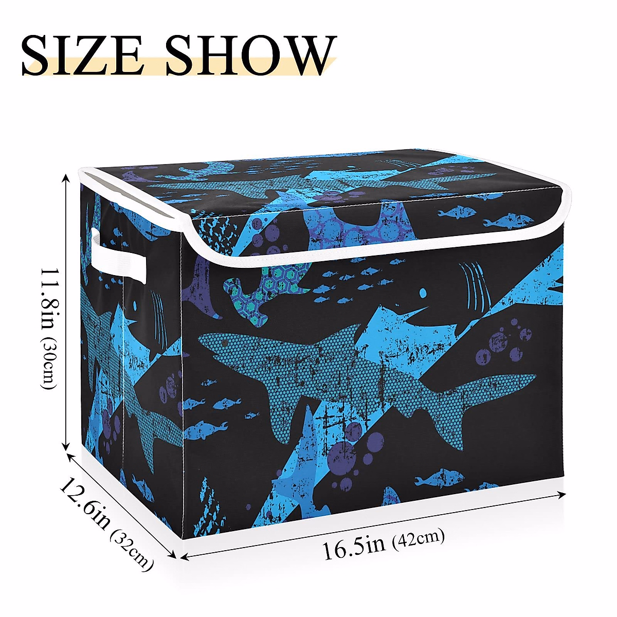 DOMIKING Sharks Large Storage Bin with Lid Collapsible Shelf Baskets Box with Handles Toys Organizer for Shelves Cabinet Nursery Drawer