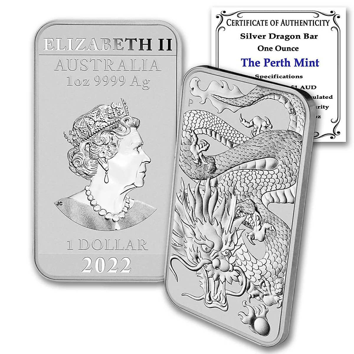 2022 P AU Lot of (5) 1 oz Australian Silver Dragon Rectangular Bar Coins Brilliant Uncirculated (BU) with Certificates of Authenticity $1 Mint State