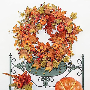 Yawwind 20 inch Fall Wreath Artificial Autumn Wreath with Orange Maple Leaves Pumpkin and Berry Harvest Wreath Thanksgiving Farmhouse Fall Wreaths for Front Door
