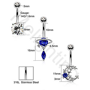 Melighting 14G Belly Button Rings Pack Stainless Steel 316L Blue Belly Rings for Women Clear CZ Planet Belly Piercing Moon Navel Barbell Body Piercing Jewelry (Blue)