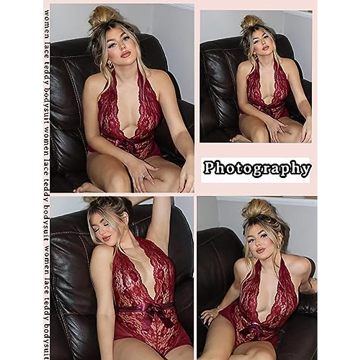 Avidlove Women Lingerie Teddy Deep V Halter One Piece Babydoll Mini Lace Bodysuit Wine Red Medium Wine Red Large