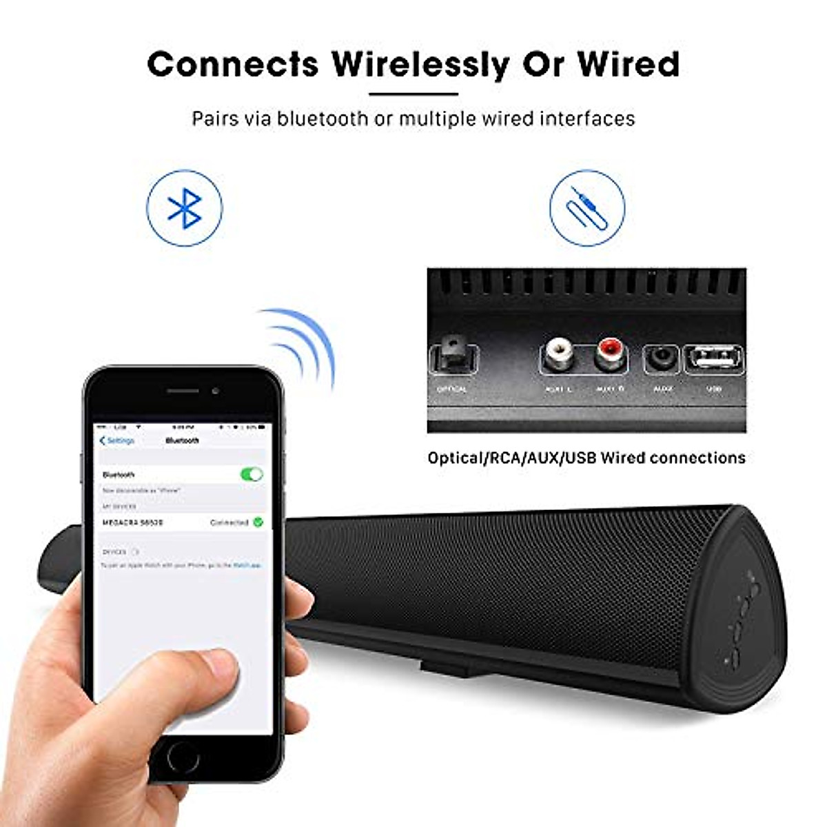 Soundbar, MEGACRA TV Sound Bar with Dual Bass Ports Wired and Wireless Bluetooth Home Theater System (Renewed)