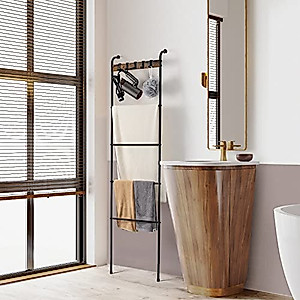Blanket Ladder Metal Black Blanket Holder with Hooks Leaning Towel Rack Blanket Ladders for The Living Room Bathroom Bedroom (Matte Black)