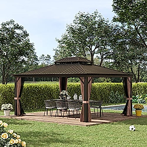 Outsunny 12' x 16' Hardtop Gazebo Canopy with Galvanized Steel Double Roof, Aluminum Frame, Permanent Pavilion Outdoor Gazebo with Netting and Curtains for Patio, Garden, Backyard, Deck, Lawn, Brown