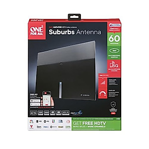 One for All 16472 HDTV 1080p Amplified Indoor TV Antenna 50 Mile Range with Multi Directional Reception, 8 Feet Coaxial Cable & Signal Level Indicator - Black