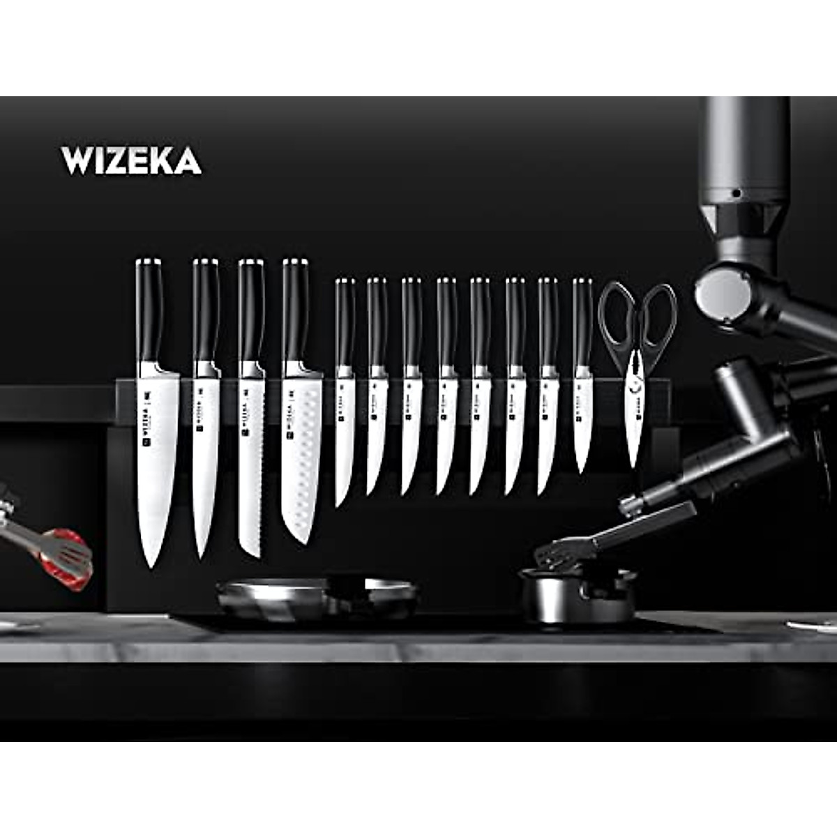 WIZEKA Knife Set, NSF Certified 15pcs Kitchen Knife Set, 1.4116 German Stainless Steel Knife Sets for Kitchen With Block, Full Tang Design&Comfortable Anti-Slip Handle, Black Knight Series