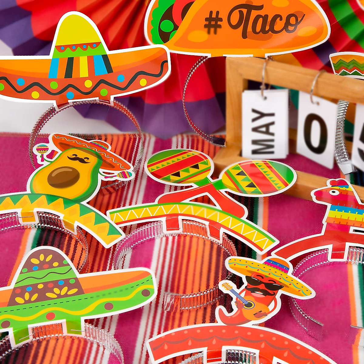 12 PCS Colorful Patterned Cardboard Sombrero Hats, Fiesta Headbands for Mexican Theme Celebration Party Favors