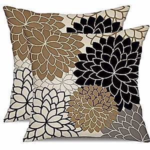 DFXSZ Outdoor Pillow Covers 18x18 inch Set of 2 Black Brown Summer Floral Outdoor Decorative Throw Pillows Flower Pillowcase Square Linen Cushion Case Decor for Home Sofa Couch Bed