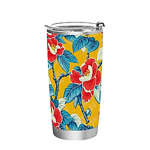 sanluoli Yellow Red Flowers Big Stainless Steel travel cups Leak-proof Lid and Straw coffee mugs with lids for Home, Office or Car simply vacuum insulated tumbler with lid 20 OZ