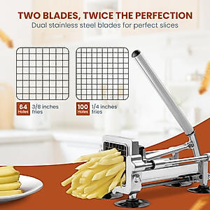 French Fry Cutter For Potatoes, Aluminum Stainless Steel Potato Cutter with 1/4-Inch & 3/8-Inch Blades, Includes 7.5-inch Air Fryer Silicone Liner, Potato Cutter for Fries, Potato, Onion, Vegetables