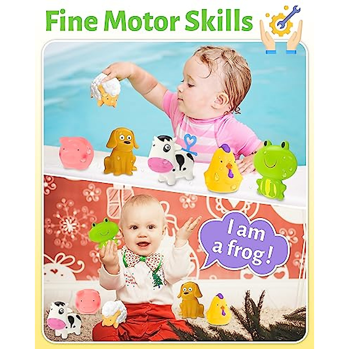 Mold Free Farm Animals Baby Bath Toys for Toddler 1-3, No Hole No Mold Bathtub Pool Toys for 1 2 3 Year Old Boy Girl Gifts, Toddler Water Toys with 6 Animals