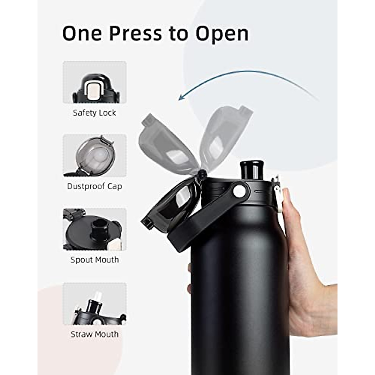 Topre 64 oz Insulated Water Bottle, Half Gallon Vacuum Double Walled Stainless Steel Large Metal Flask, Wide Mouth Jug with Handle Straw Auto Chug Lids,Keeps Cold & Hot for Sports Gym,Black
