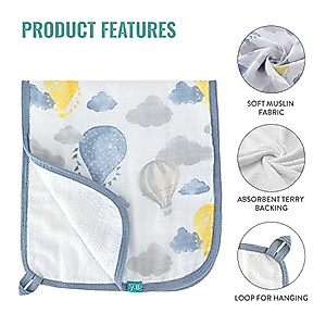 Featherhead™ 5-Pack Muslin Burp Cloths for Baby Boy Large 22" X 11" - Ultra Soft & Extra Absorbent Cotton Terry Backing (Blue Balloons)