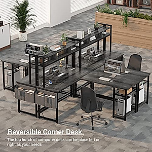 Aheaplus L Shaped Desk with Power Outlet & LED Strip, Reversible L-Shaped Corner Computer Desks Gaming Desk with Storage Shelf & Monitor Stand, Modern 2 Person Home Office Desk Writing Desk, Grey Oak