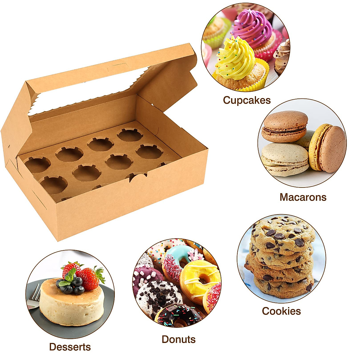 Moretoes 34 Sets Cupcake Boxes, Hold 12 Count Cupcake Containers, Brown Containers with Window and Inserts, 13 x 10 x 3.5 Inches Kraft Bakery Carrier Boxes for Birthday Holiday Party Bakery Supplies