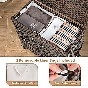 Giantex Laundry Hamper with Wheels and Lid, 33 Gal (125L) Wicker Laundry Basket, 2 Removable Liner Bags, Handles and Pulling Strap, Synthetic Rattan Laundry Hamper Clothes Storage Organizer (Brown)