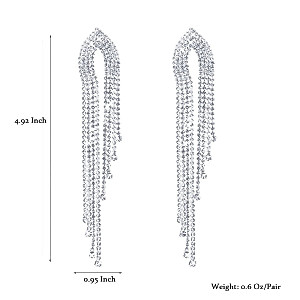 Silver Rhinestone Earrings Dangling for Women Hypoallergenic Long Tassel Drop Dangle Earrings for Wedding