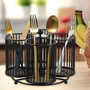Metal Utensil Caddy 360 Degree Rotating Cutlery Holder 4 Compartment Flatware Storage Basket Portable Multipurpose Countertop Silverware Organizer for Kitchen Picnic Camping Outdoor(16*16*14cm,black)