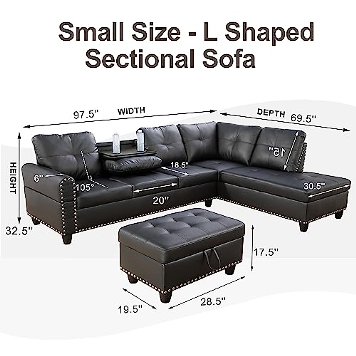 GEBADOL Living Room Furniture Sets,Small Leather Sectional Sofa,L Shaped Couch with Cup Holder and Ottoman(Right-Facing,Black Leather Sofa)