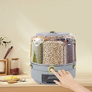 LUGBING One-Click Rice Output Food Containers, 360° Rotatable Grain Separate Storage Box 6 Grid Household Kitchen Storage Container for Rice, Beans, Grains Rotating Rice Dispenser