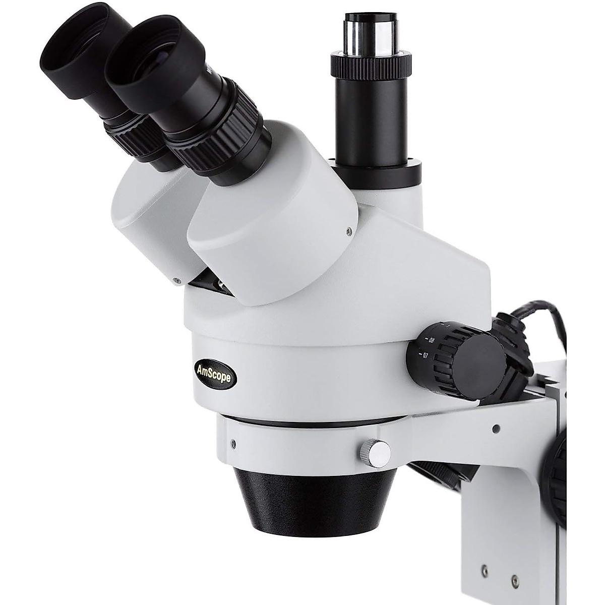 AmScope SM-2TZZ Professional Trinocular Stereo Zoom Microscope, WH10x and WH20x Eyepieces, 3.5X-180X Magnification, 0.7X-4.5X Zoom Objective, Upper and Lower Halogen Lighting, Pillar Stand, 110V-120V, Includes 0.5X and 2.0X Barlow Lenses