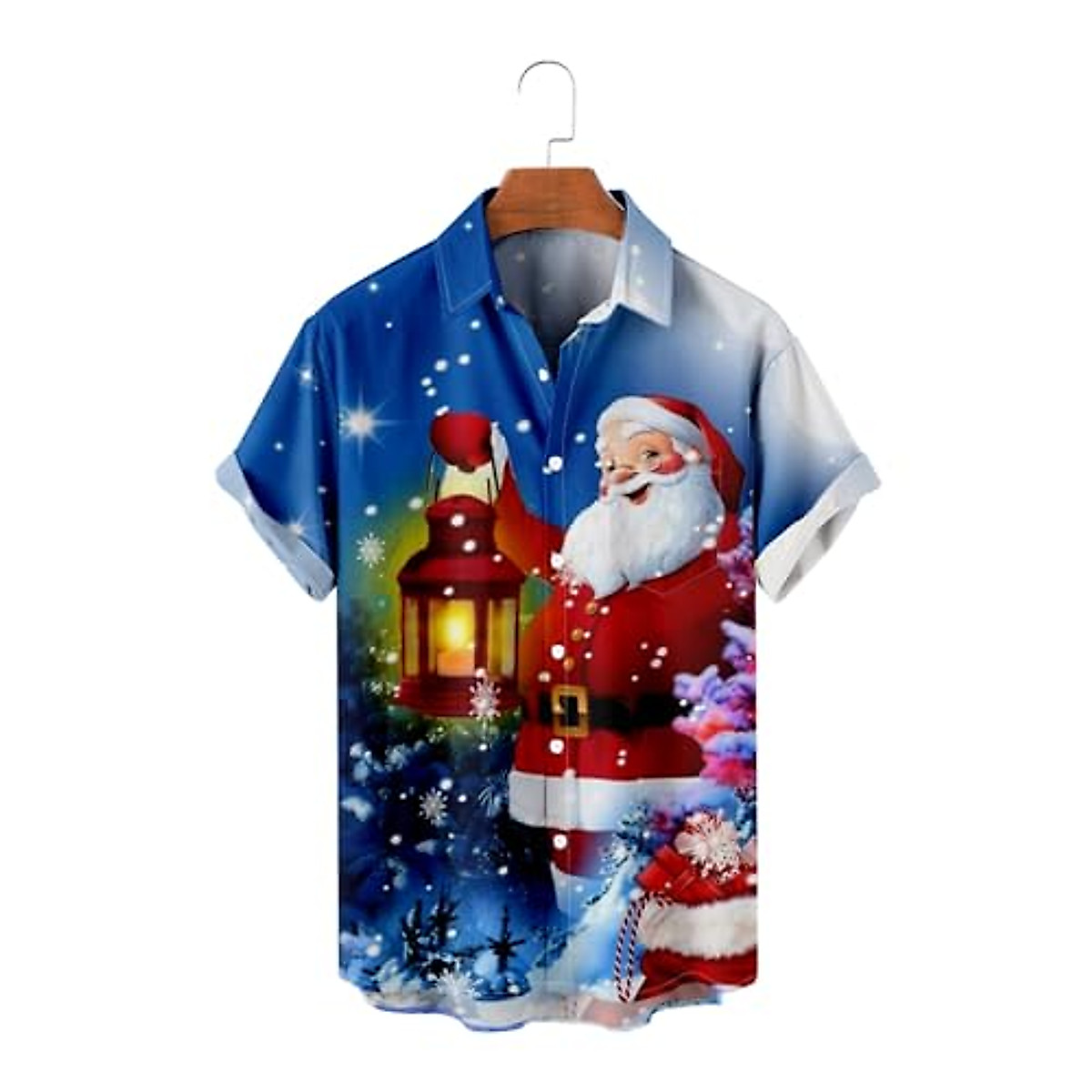 Lcxifdre Funny Christmas Shirts Mens Christmas Santa 3D Digital Print Button Lapel Short Sleeve Shirt T Shirt Slim Fit Tops Blue