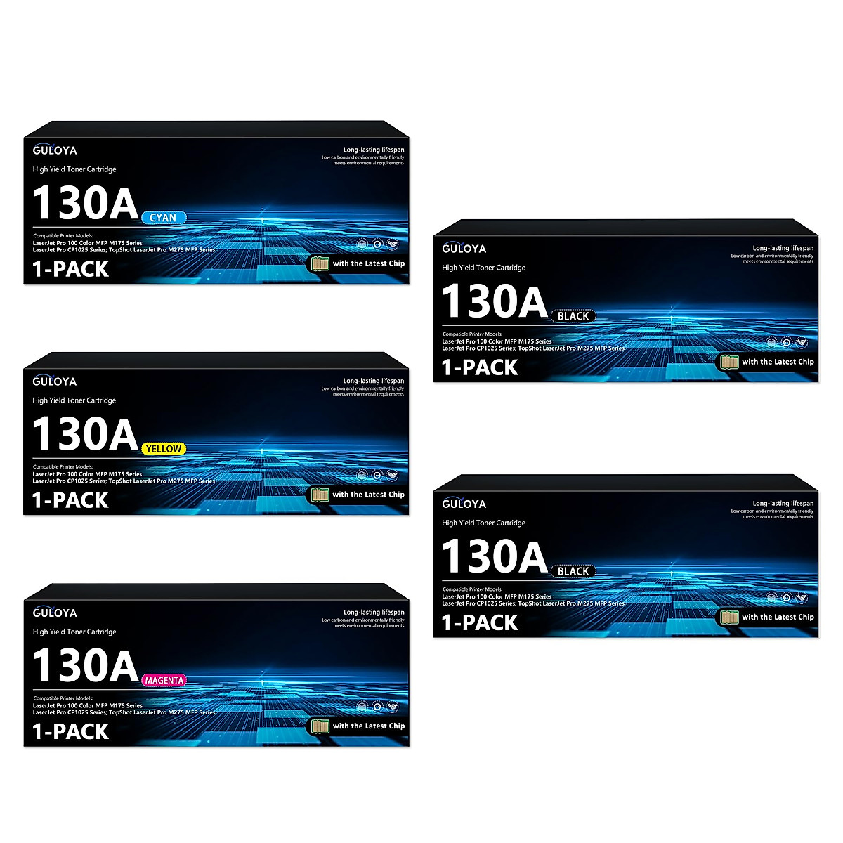 130A Black Cyan Yellow Magenta Toner Cartridge with Chip (5-pack) | Replacement for HP130A for Pro 100 color MFP M175, Pro CP1025, TopShot Pro M275 MFP Series Printer | CF350A, CF351A, CF352A, CF353A