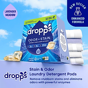 Dropps Odor & Stain Biobased Power Laundry Detergent Pods, Lavender Meadow (32 Pods) - HE Compatible Laundry Pods for Fresh Clothes - Washing Detergent Soap Supplies & Recyclable Packaging