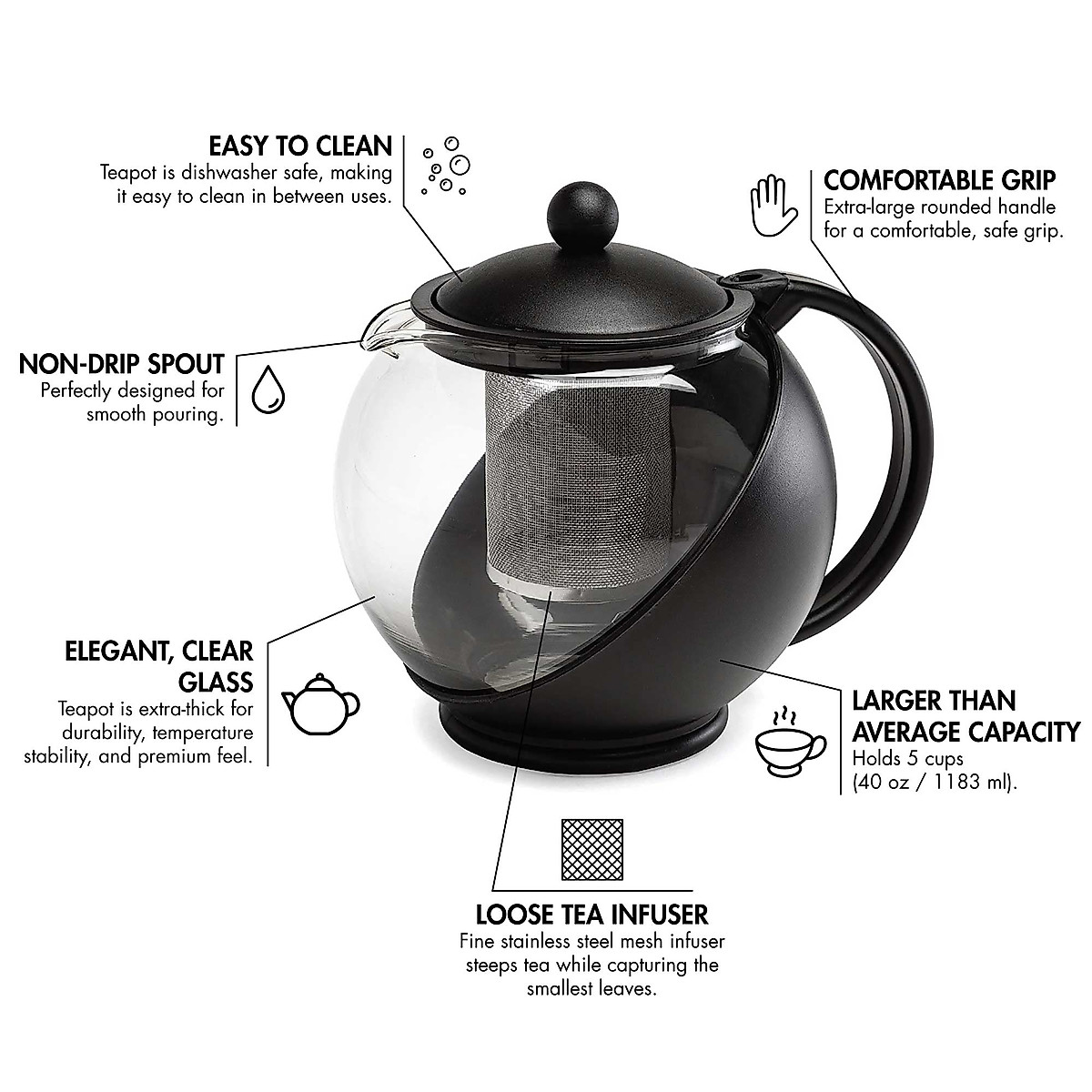 Primula Half Moon Teapot with Removable Infuser, Glass Tea Maker, Stainless Steel Filter, Dishwasher Safe, 40-Ounce, Black