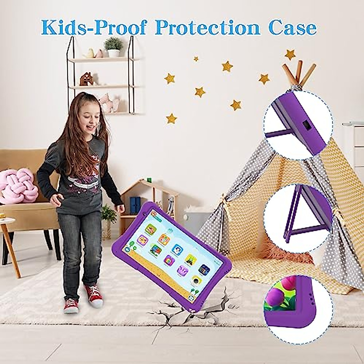 Kids Tablet 10 inch Android 12, Tablet PC with 32GB Storage, Parental Control, Educational, 10.1'' IPS HD Display, Dual Camera, 6000mAh, WiFi, with Silicone Kid-Proof Case, Gift for Girls (Purple)