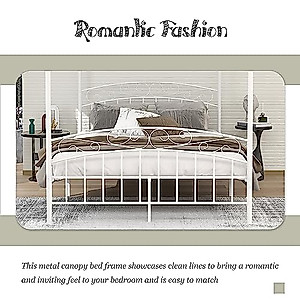 AUFANK Queen Size Canopy Bed Frame Four-Poster Metal Platform Bed with Headboard and Footboard Sturdy Heavy Duty Steel Slat Support No Box Spring Needed White