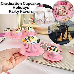 Evelots Teacup Silicone Cupcake Liners 24 Pc Set Oven Safe Baking Set (12 Cups/ 12 Saucers)-Reusable Baking Muffin Cups- BPA Free-2 Colors