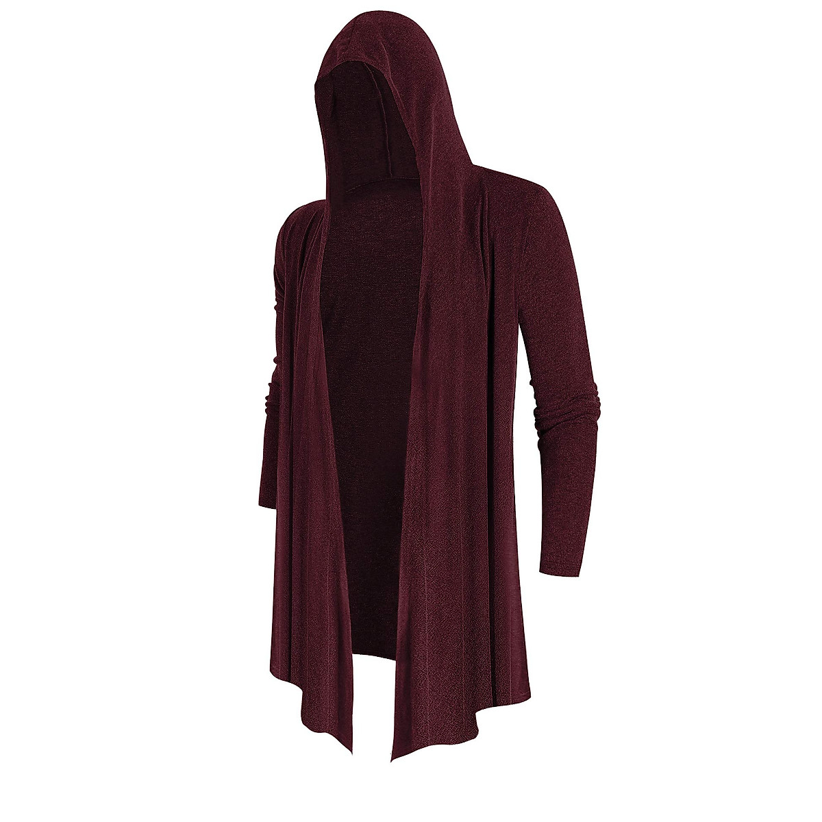 Poriff Mens Sleeveless Hooded Cardigan Asymmetrical Long Sweater Hooded Wine Red M