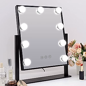 Hansong Lighted Vanity Mirror Makeup Mirror with Lights Hollywood Mirror with 9 LED Bulbs and Detachable 10X Magnification Black Vanity Mirror with Lights 360 Degree Rotation