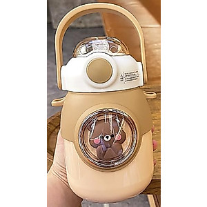 Large Capacity Cartoon Prints Water Bottle with Straw Lid Women Tumblers with Shoulder Strap Stainless Steel Thermal Cup (Coffee 23.6oz)