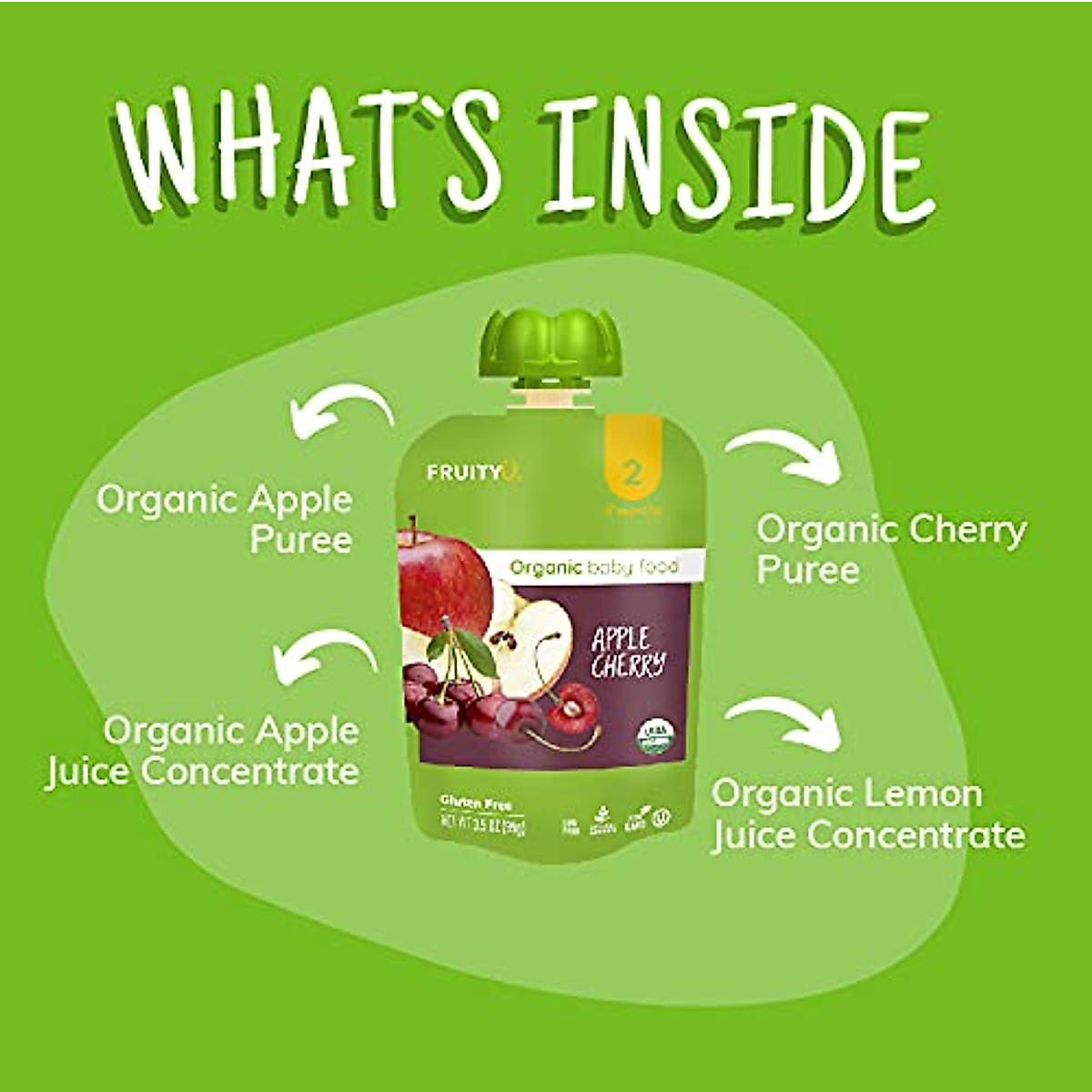 FruityU Organics Baby Food Stage 2 Variety Pack - Banana Blueberry Oatmeal, Apple Mango Spinach, Apple Cherry 3.5 ounce pouch (Pack of 12)