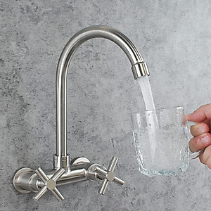 UMANYI Commercial Kitchen Faucets Wall Mount 4 inch Center Stainless Steel Brushed Nickel Utility Laundry Sink Faucet RV Faucet with High Arc Spout 2 Handle SSKF09-3