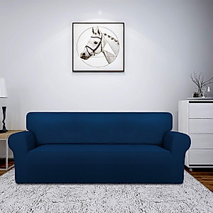 Easy-Going Fleece Stretch Sofa Slipcover Spandex Non-Slip Soft Couch Sofa Cover, Washable Furniture Protector with Anti-Skid Foam and Elastic Bottom for Kids, Pets(Sofa, Navy)