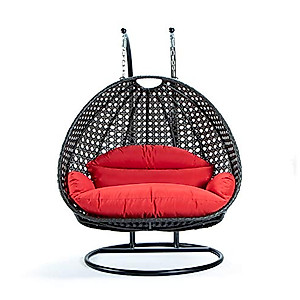 LeisureMod 2 Person Hanging Double Swing Chair, X-Large Wicker Rattan Egg Chair with Stand and Cushion for Indoor Outdoor Patio Garden (Red)