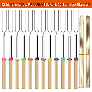 Marshmallow Roasting Sticks Wooden Handle Set of 12 Smores Skewers Telescoping Forks 32 inch Telescoping Smores Skewers for Campfire, Firepit, and Sausage BBQ with Portable Bag & 20 Bamboo Skewers