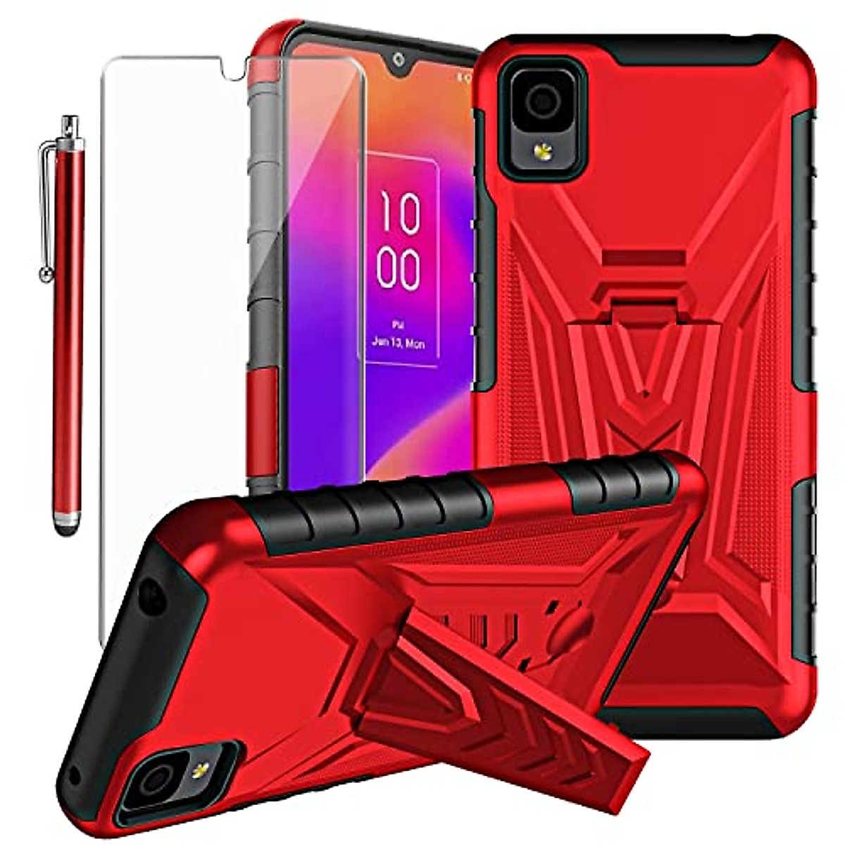 YJROP for TCL A3/A30/ion z Case with Tempered Glass Screen Protector Protection Cover Shockproof Heavy Duty [Military-Grade] Rugged Phone Case with Kickstand for TCL A3/A30/ion z (2022) 5.5" (red)