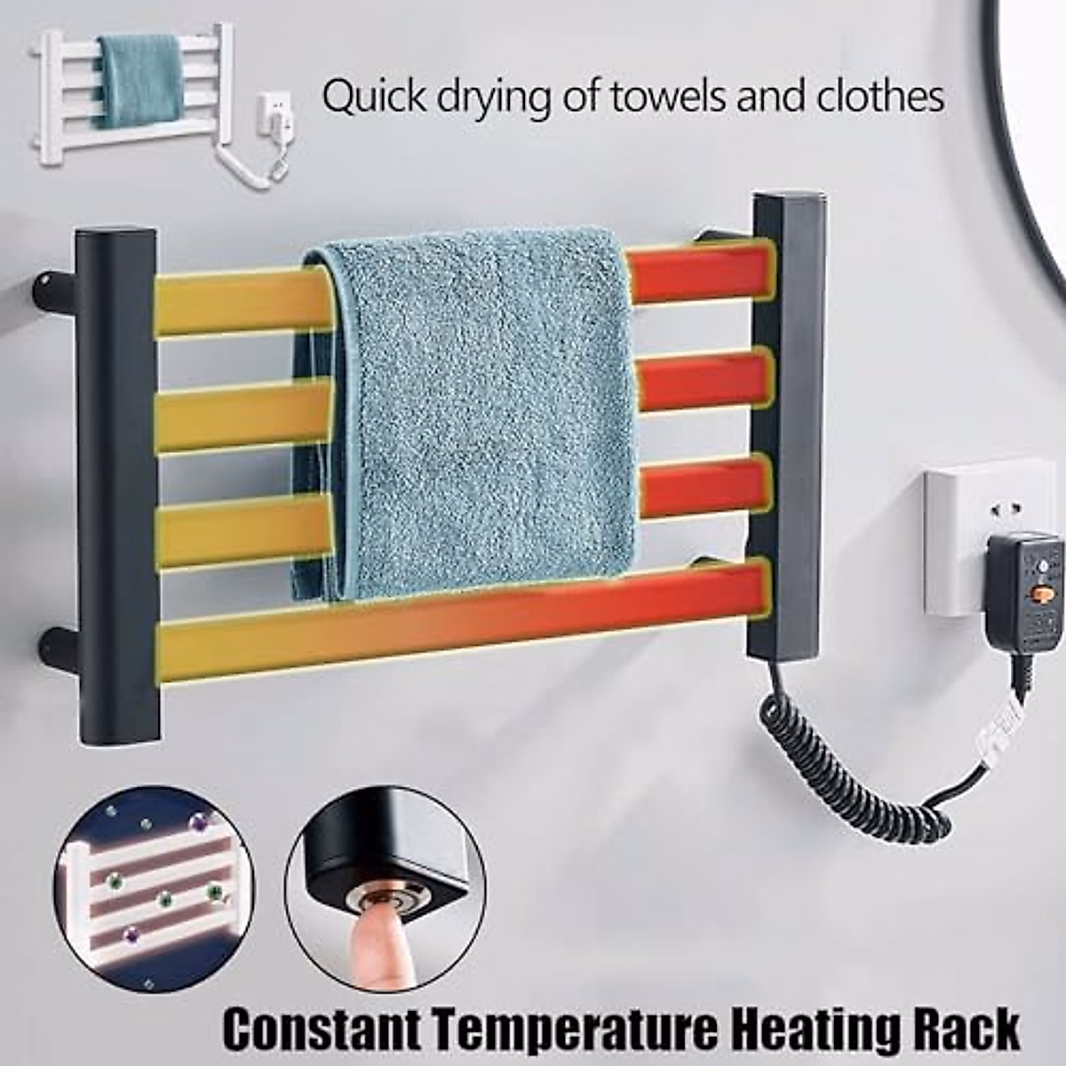 EEYZD Towel Warmers for Bathroom Plug in Towel Warmer Wall Mount Aluminum Alloy 80w,55°C Constant Temperature,Ipx4 Level,Punch-Hole/Punch-Free One-Button Switch,Black