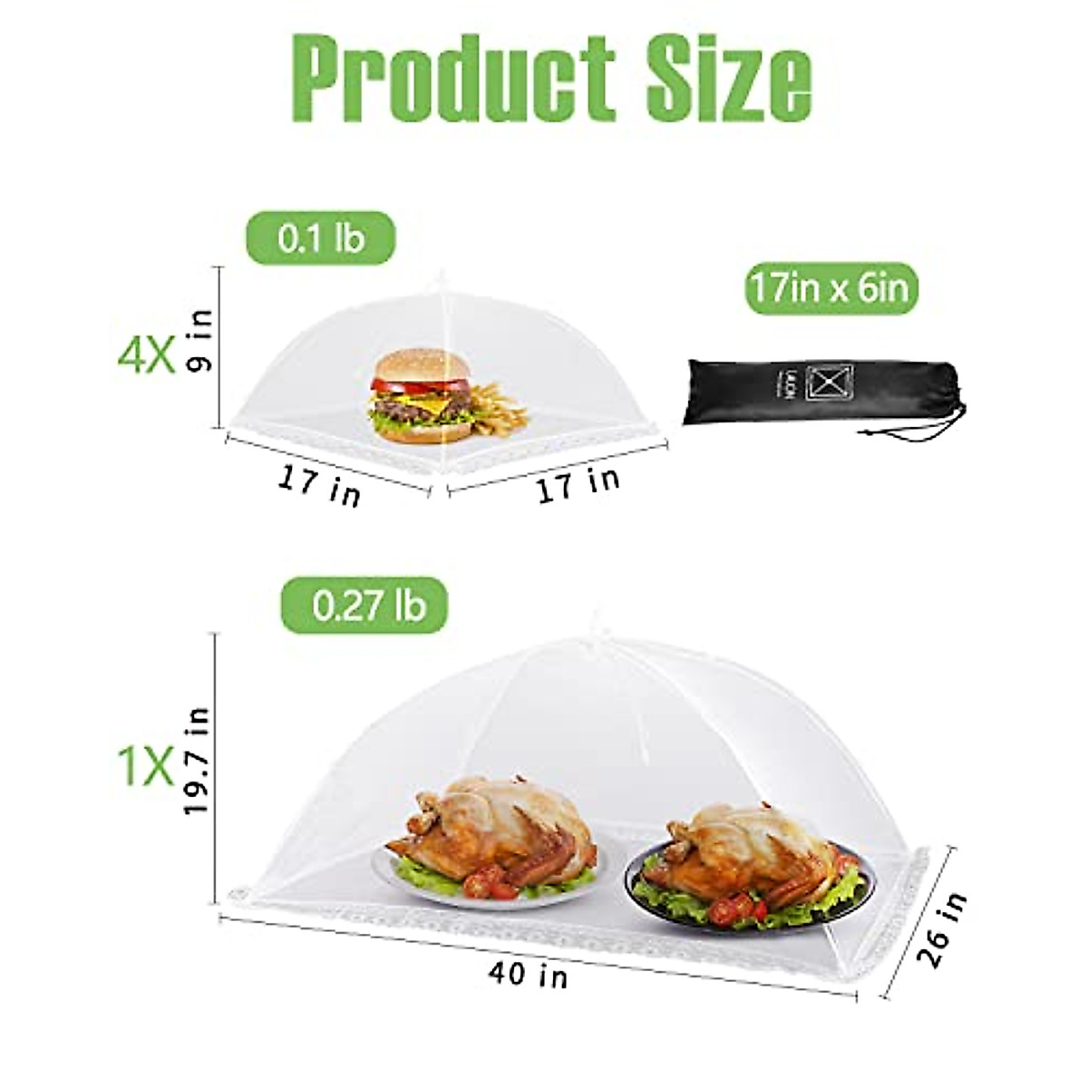 Lauon Food Covers, 1 Extra Large (40"X26") & 4 (17"X17"), 5 Pack White Mesh Plate Serving Tents, Pop-Up Umbrella Screen Tents, Jumbo Food Net for Outdoor Picnics Parties BBQ, Collapsible and Reusable