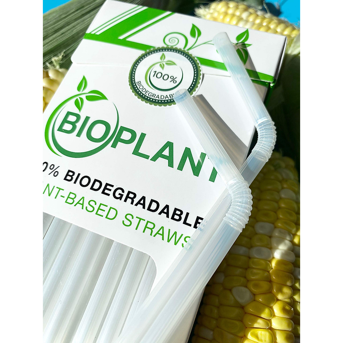 BIOPLANT 100 Pack Plant-based Corn Biodegradable Straws. Flexible Bendable Bendy Straws, Plastic-Free disposable straws. Eco Friendly alternative to Plastic Straws & Not Soggy like Paper Straws