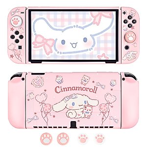 DLseego Cute Dog Switch OLED Protective Case Silicone Soft Cover Shockproof Pink Skin Joy Con Shell with 4PC Cat Claw Thumb Grips Caps