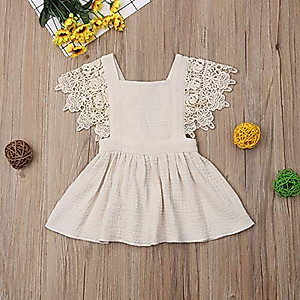 Toddler Baby Girl Infant Comfy Cotton Linen Lace Princess Overall Dress Sundress (Beige, 9-18 Months)